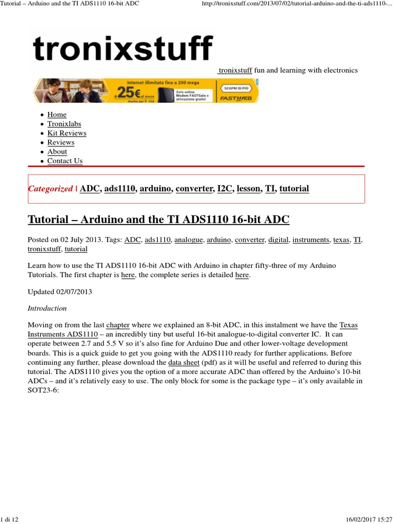Tutorial - Arduino and The TI ADS1110 16-Bit ADC | PDF | Analog To ...