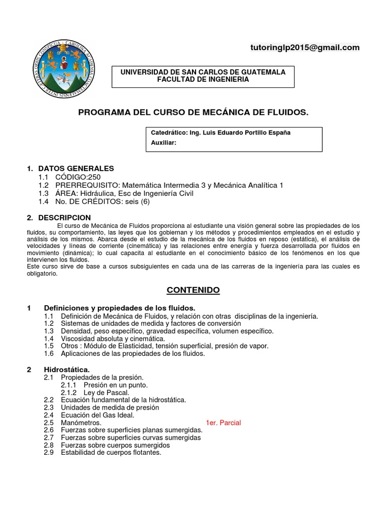 1 Programa Del Curso de Mecanica de Fluidos | PDF | Fluido | Presión