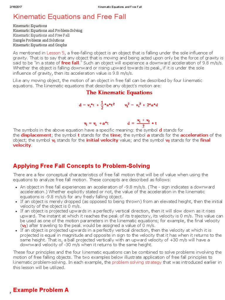 Kinematic Equations and Free Fall PDF | PDF | Kinematics | Velocity