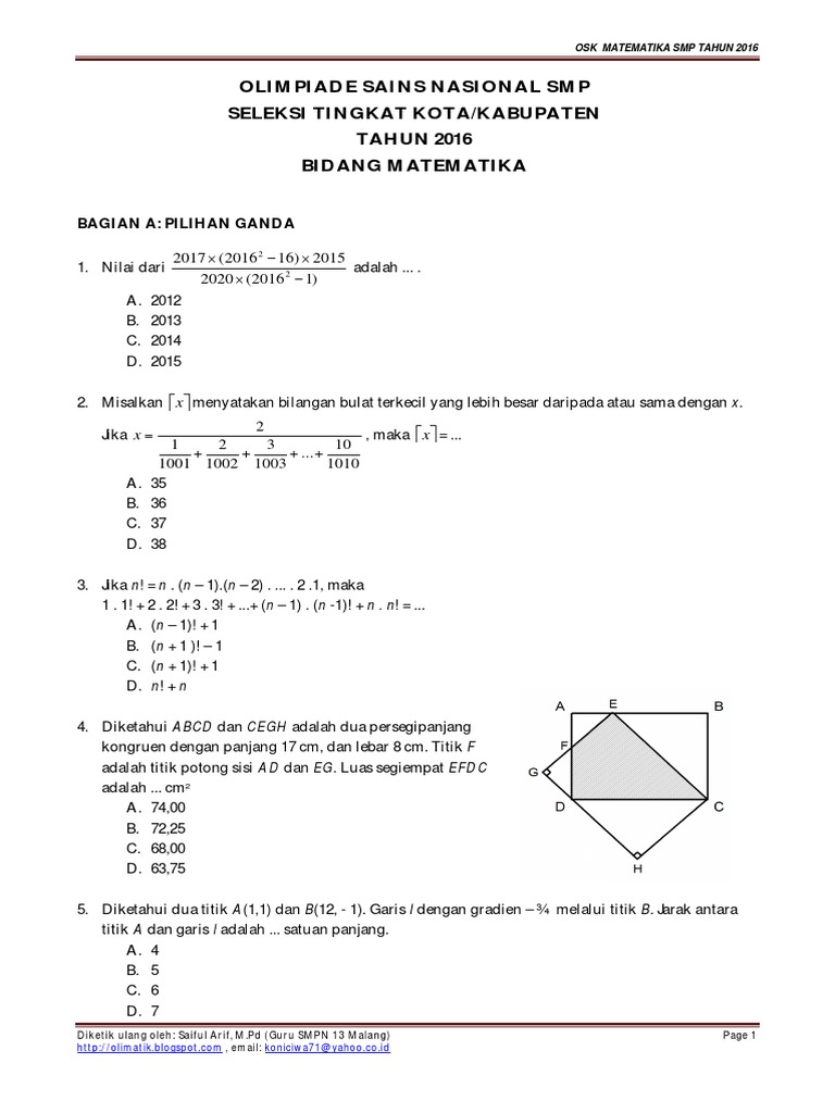 Soal Osk Matematika SMP 2016 PDF | PDF