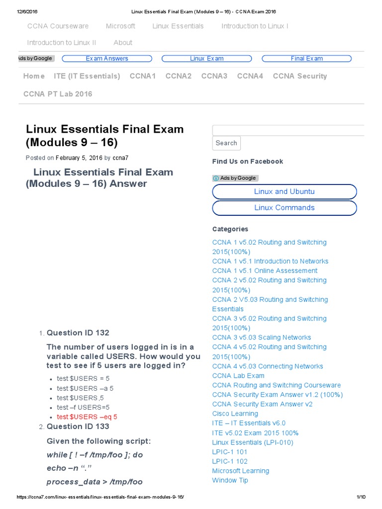 Linux Essentials Final Exam (Modules 9 - 16) - CCNA Exam 2016 | PDF ...
