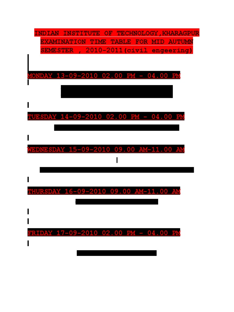 Indian Institute of Technology, Kharagpur Examination Time Table For ...