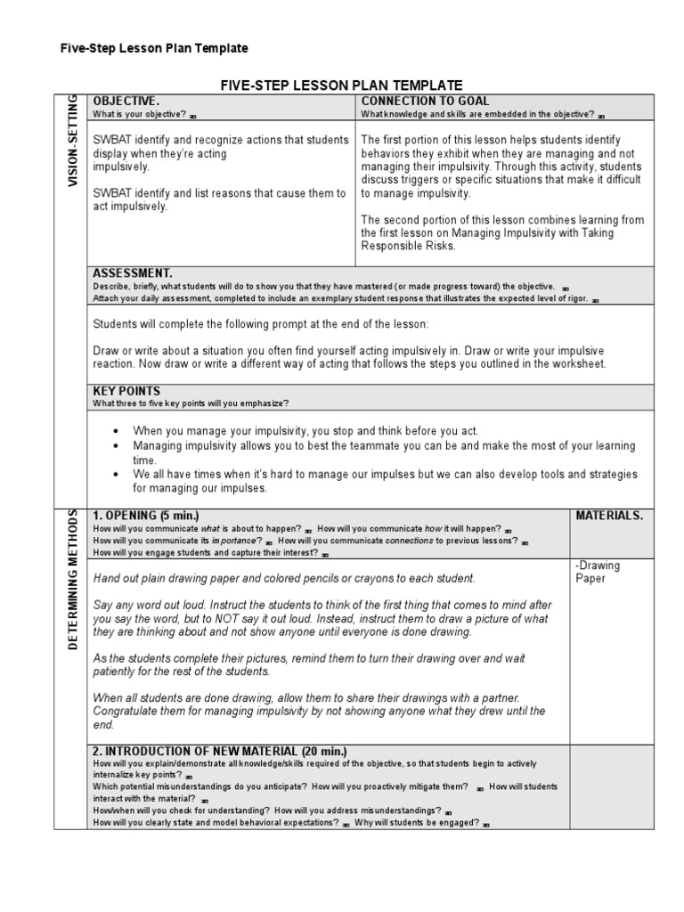 Five-Step Lesson Plan Template: Objective. Connection To Goal | PDF ...