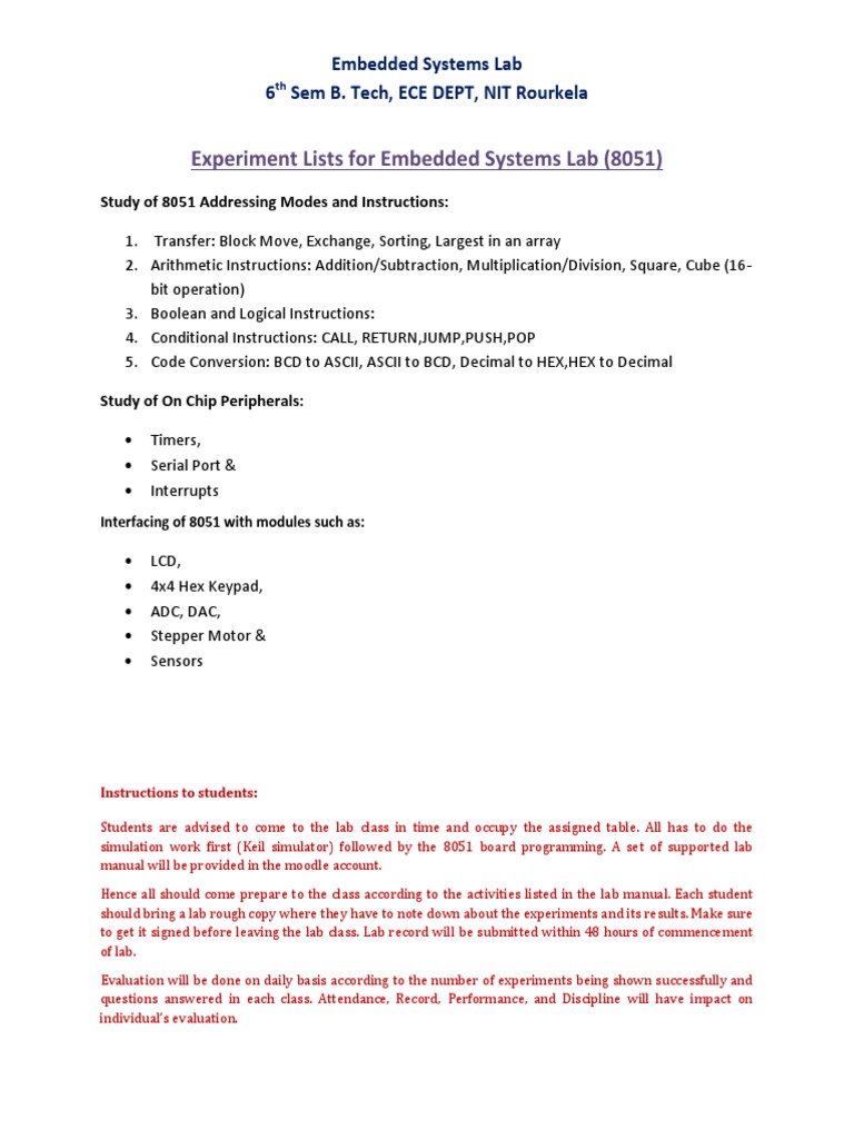 Experiment Lists For Embedded Systems Lab (8051) | PDF