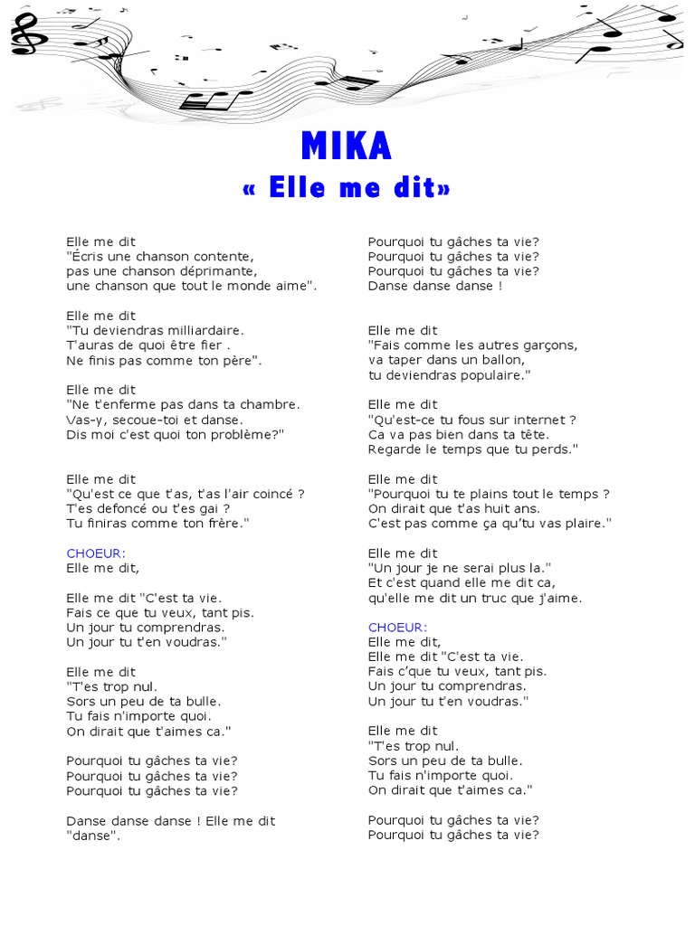 Mika - Elle Me Dit - Paroles | PDF | Loisirs