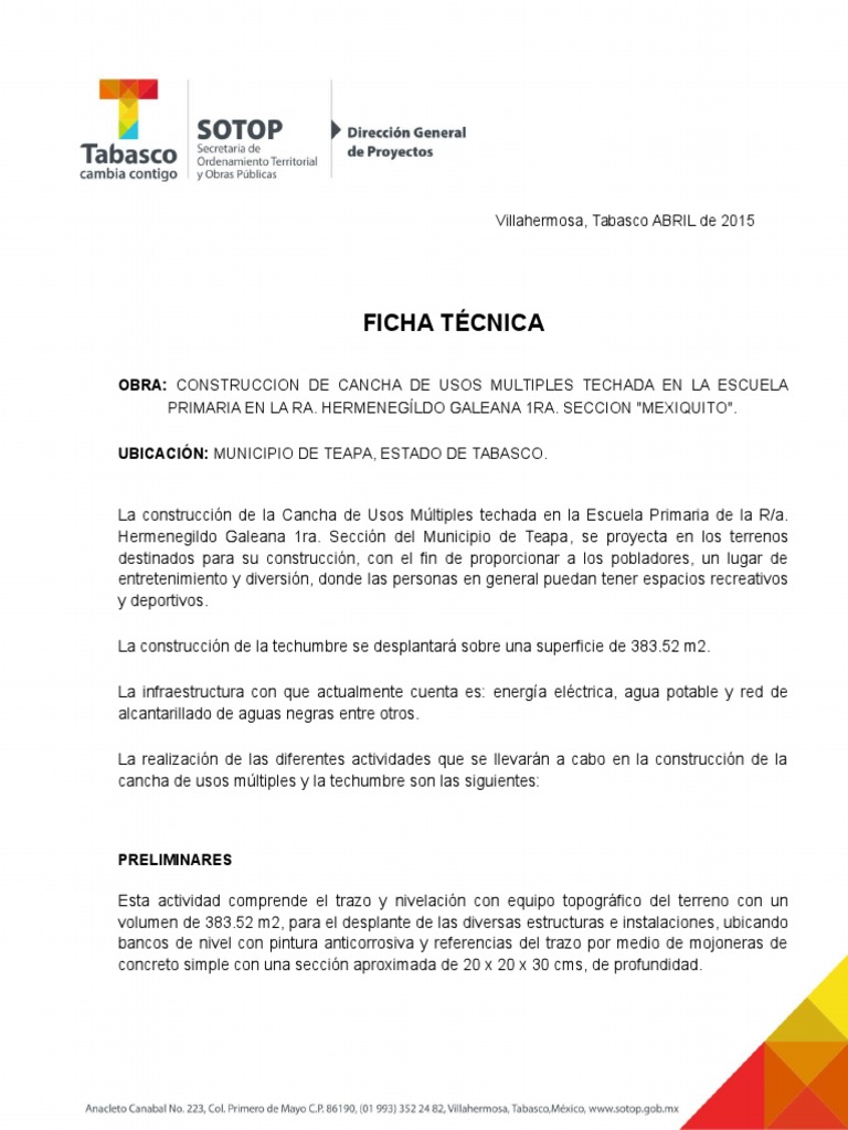 1.-Ficha Tecnica Cancha y Techumbre Hermenegildo Galeana | PDF | Tubería (transporte de fluidos ...