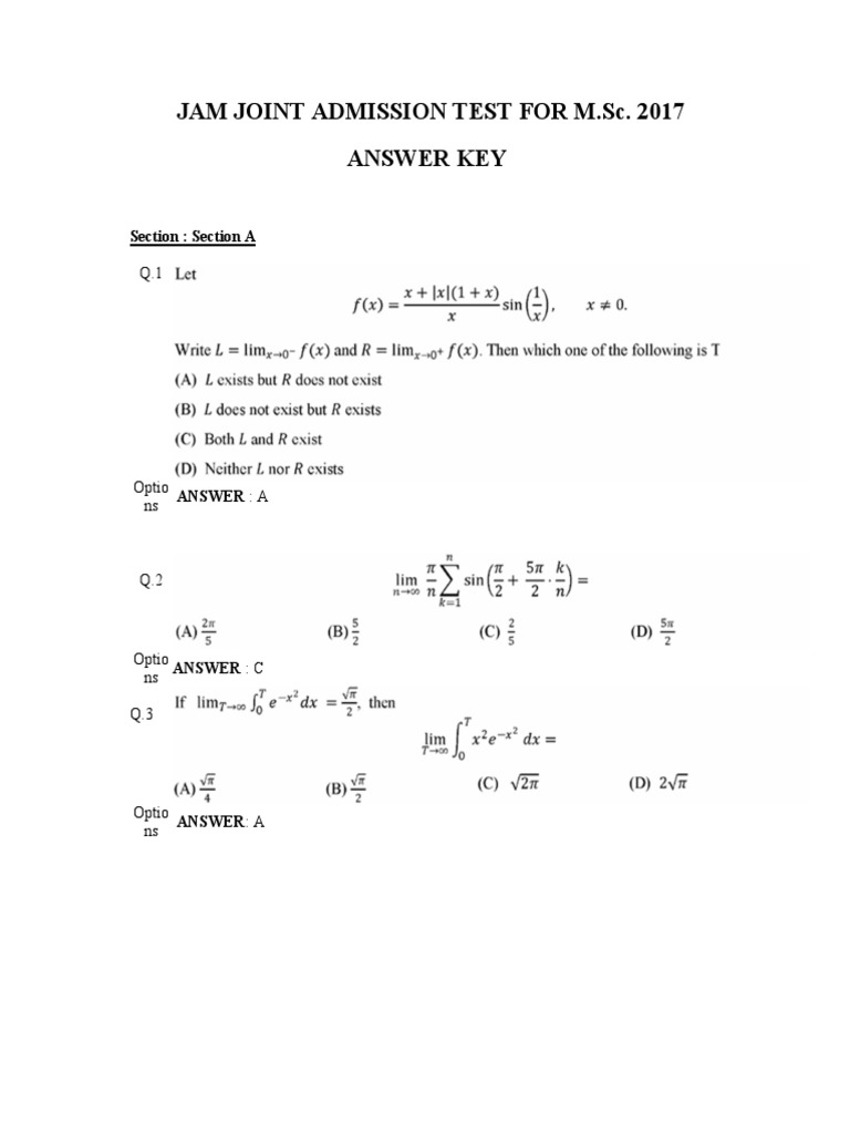 M.Sc. 2017 JAM Admission Test Answers | PDF