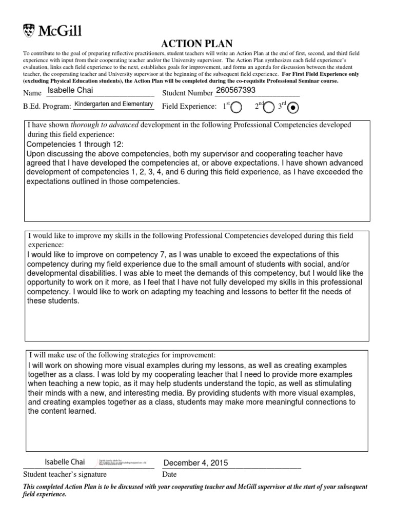 Student Teacher Action Plan Template | PDF | Competence (Human ...