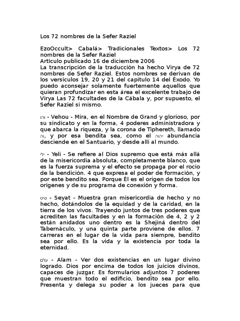 Los 72 Nombres de La Sefer Raziel | PDF | Kábala | Dios