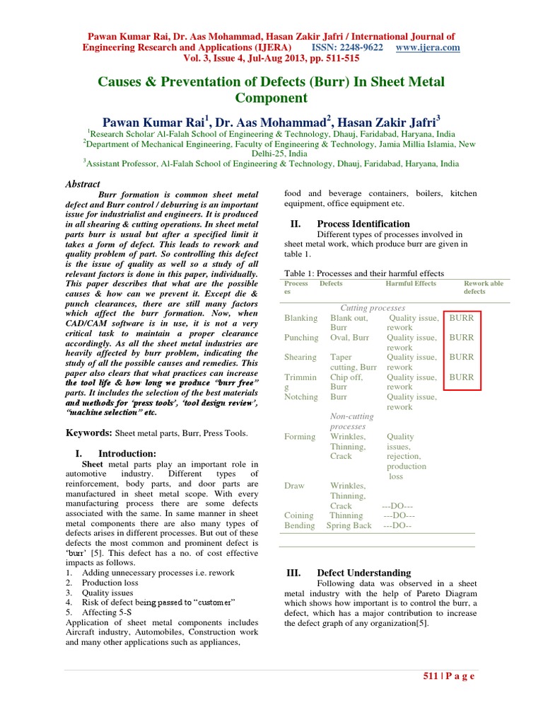 Causes & Preventation of Defects (Burr) in Sheet Metal Component PDF | PDF