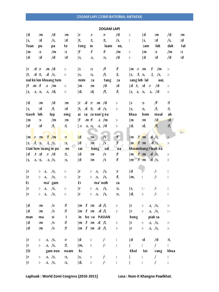 Zogam Lapi (Zomi National Anthem) . | PDF | Myanmar | South Asia