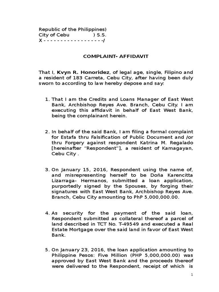Complaint-Affidavit Against Katrina M Regalado | PDF | Forgery | Banks