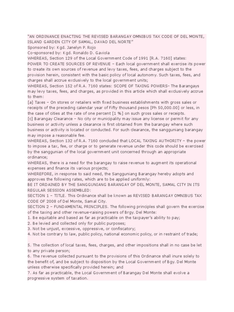 AN ORDINANCE ENACTING THE REVISED BARANGAY OMNIBUS TAX CODE OF DEL ...