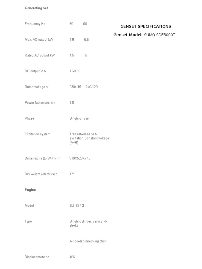 Generating Set: Genset Specifications Genset Model: SUMO SDE5000T | PDF