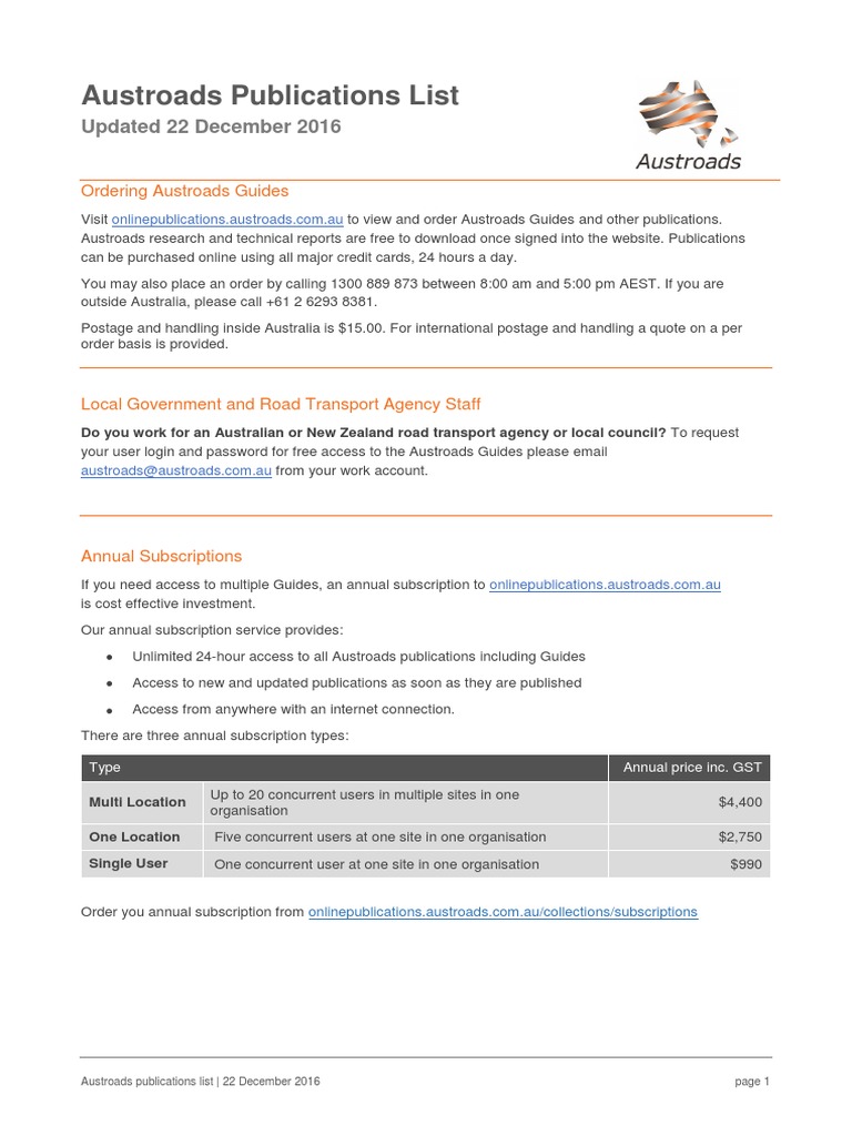 Austroads Publications Overview 2016 | PDF | Road Surface | Road