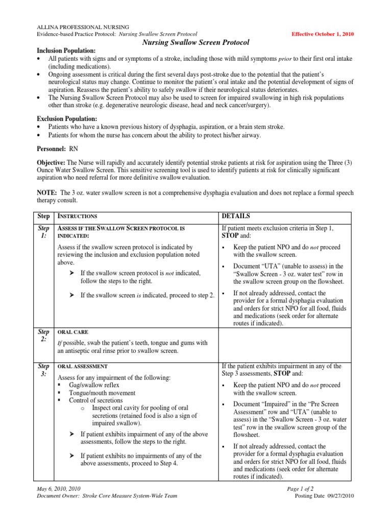 Nursing Swallow Screen Protocol | PDF | Stroke | Nursing