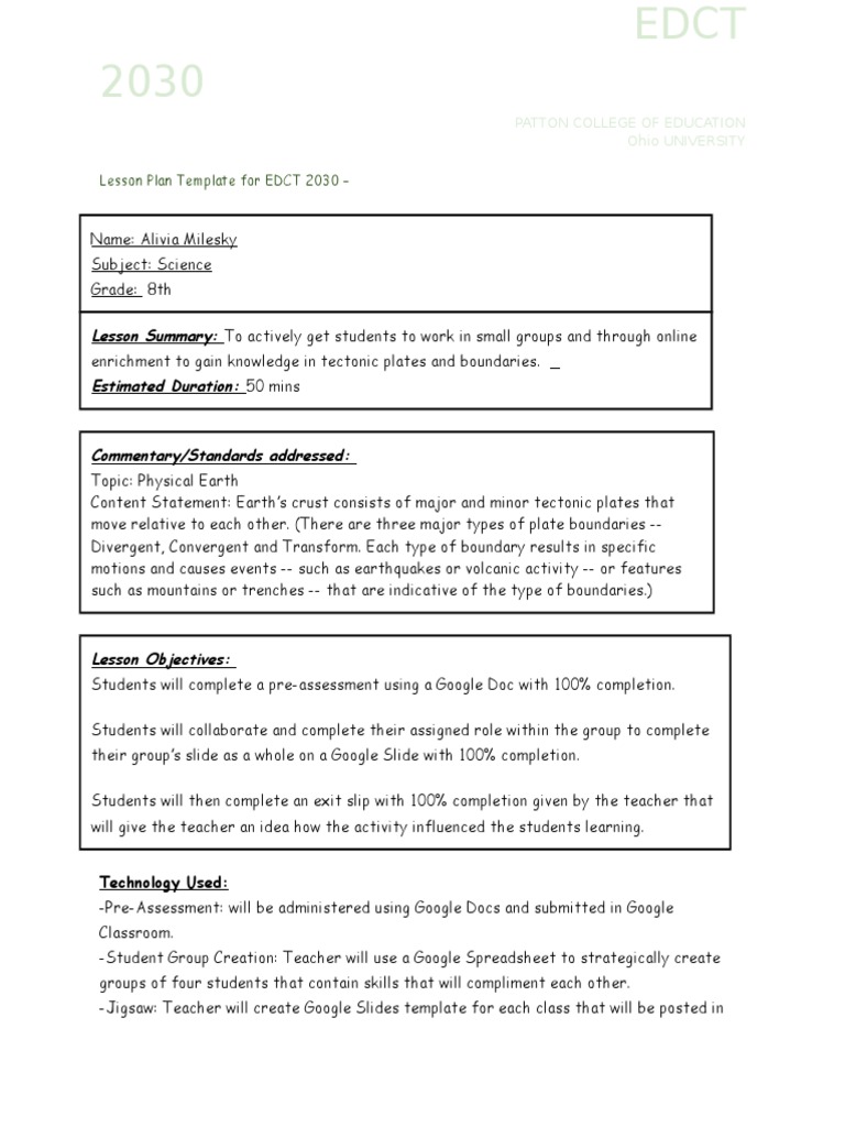 8th Grade Tectonic Plates Lesson | PDF | Educational Assessment | Teaching