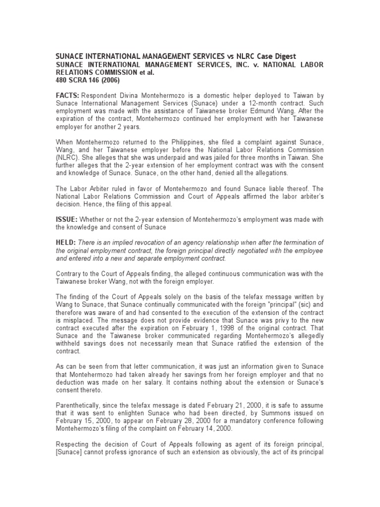 Sunace v. NLRC Case Digest 2006 | PDF | Law Of Agency | Private Law