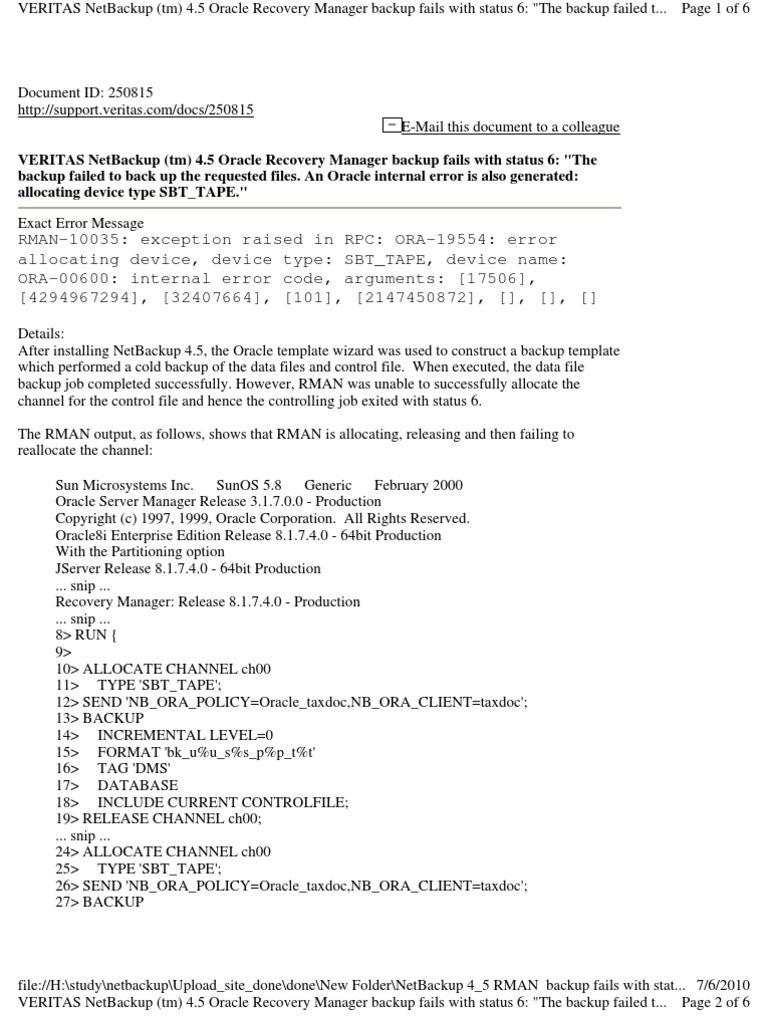 NetBackup 4 - 5 RMAN Backup Fails With Status 6 (Failed To Back Up The ...