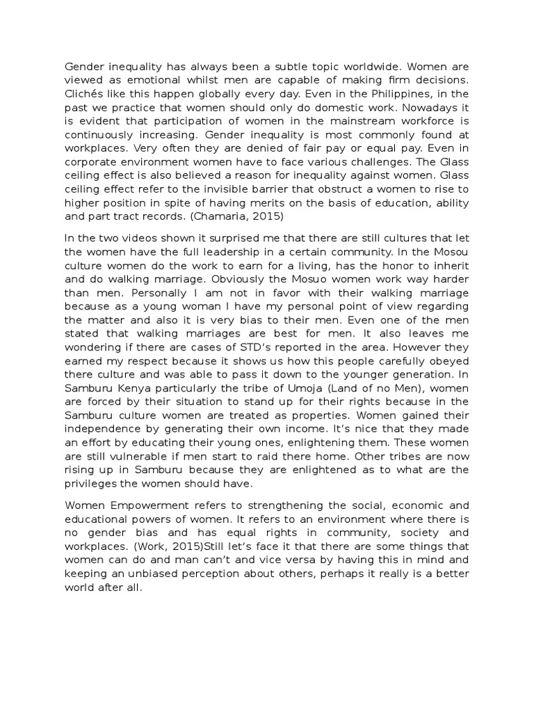 Reaction Paper | Gender Inequality | Egalitarianism
