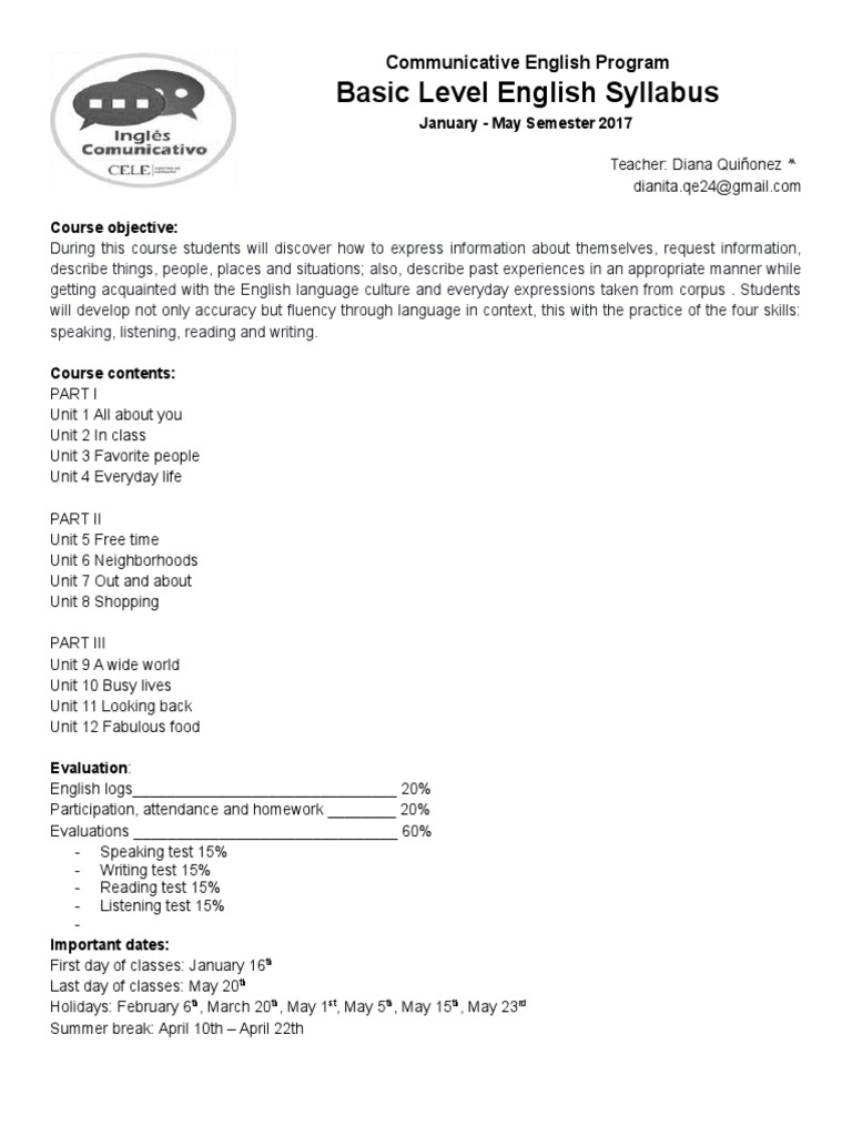Basic Level English Syllabus | PDF | Homework | Communication