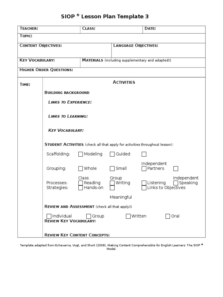 Siop Lesson Plan Template 3: T: C: D: T: C O: L O | PDF