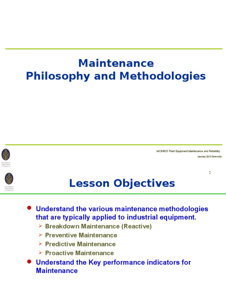 Maintenance Philosophy and Methodologies | PDF | Reliability ...