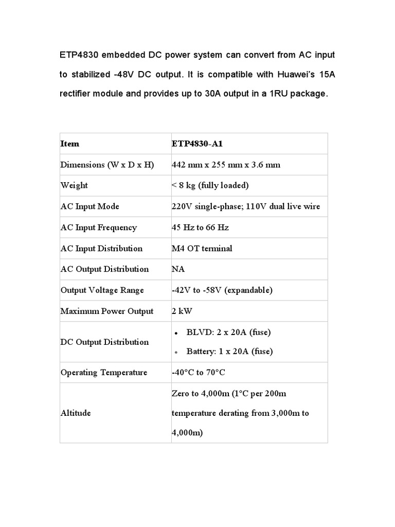Specification of Huawei ETP 4830 Power Supply | PDF