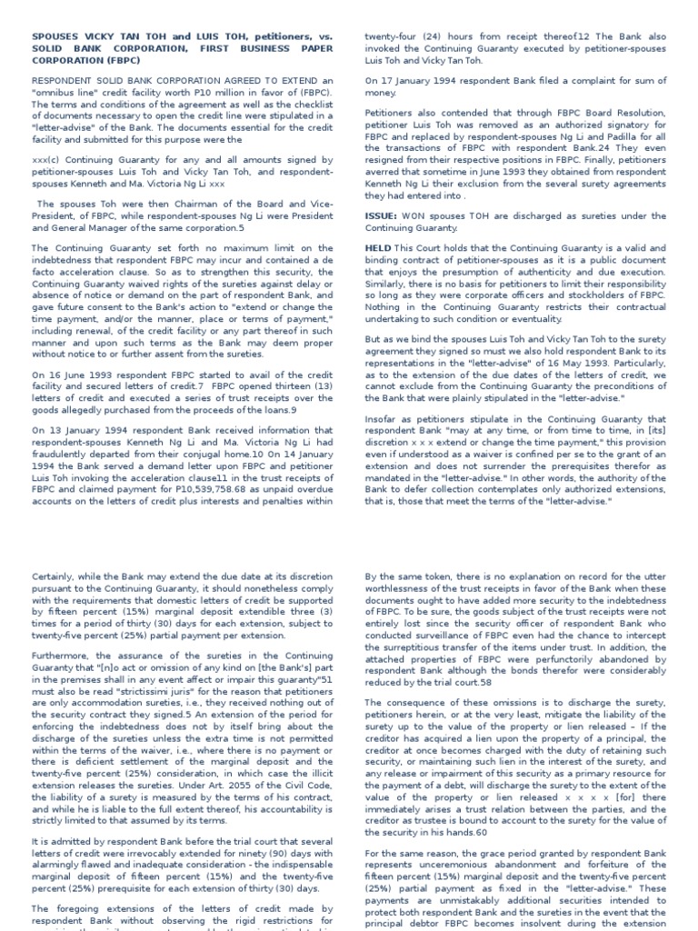 Spouses Vicky Tan Toh and Luis Toh | PDF | Guarantee | Surety Bond