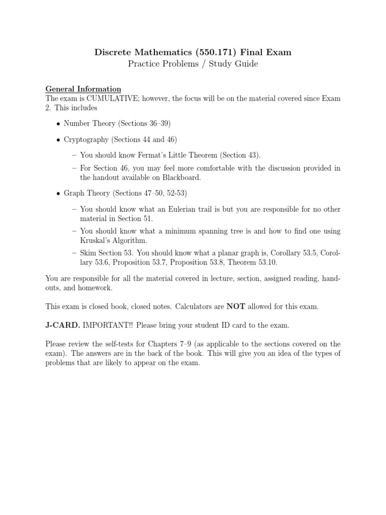 Discrete Mathematics (550.171) Final Exam Practice Problems / Study ...