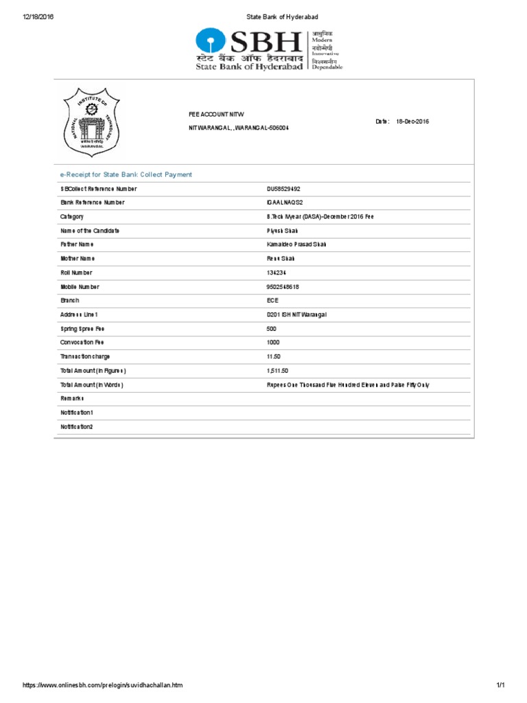 E Receipt For State Bank Collect Payment | PDF