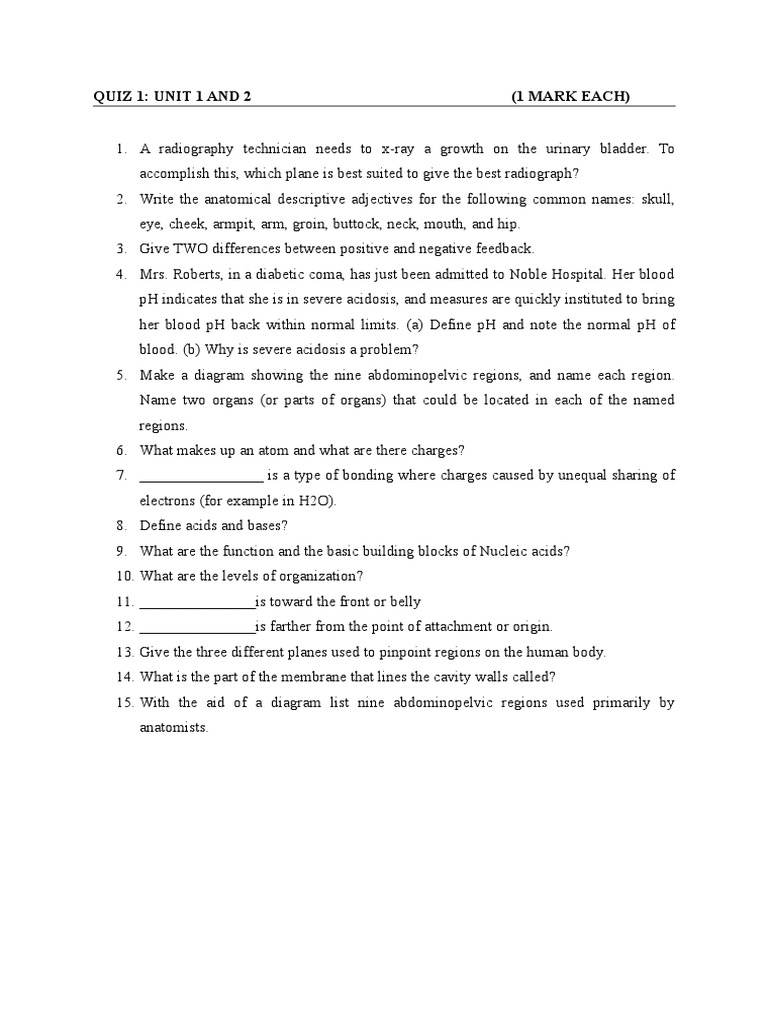 QUIZ 1 Anatomy and Physiology Introduction To The Human Body | PDF