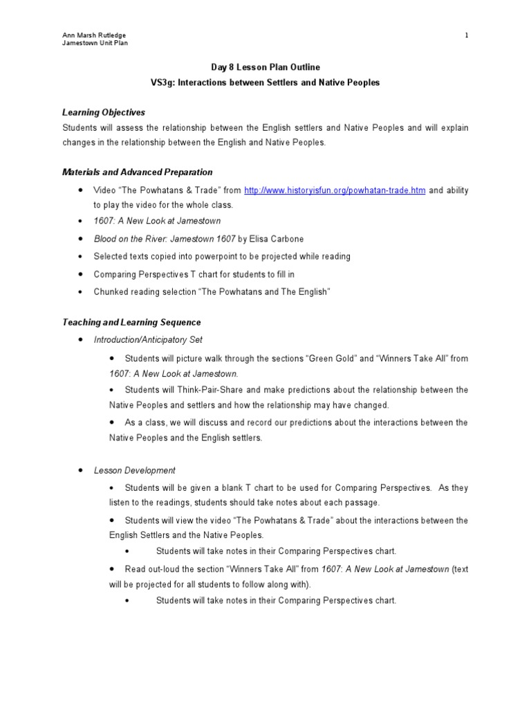 Jamestown - Day 8 Lesson Plan Outline | PDF | Jamestown, Virginia ...