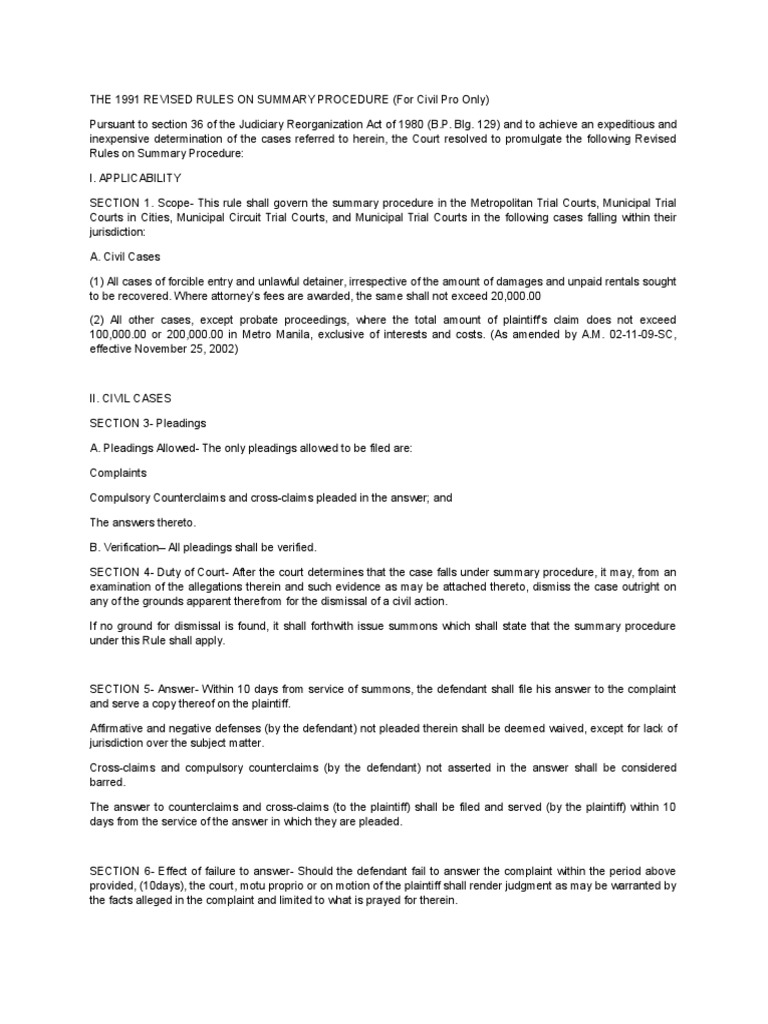 1991 Revised Summary Procedure Rules | PDF | Pleading | Lawsuit
