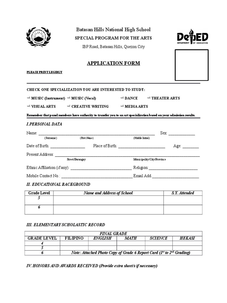 BHNHS SPA Admission Form | PDF | Schools | Students