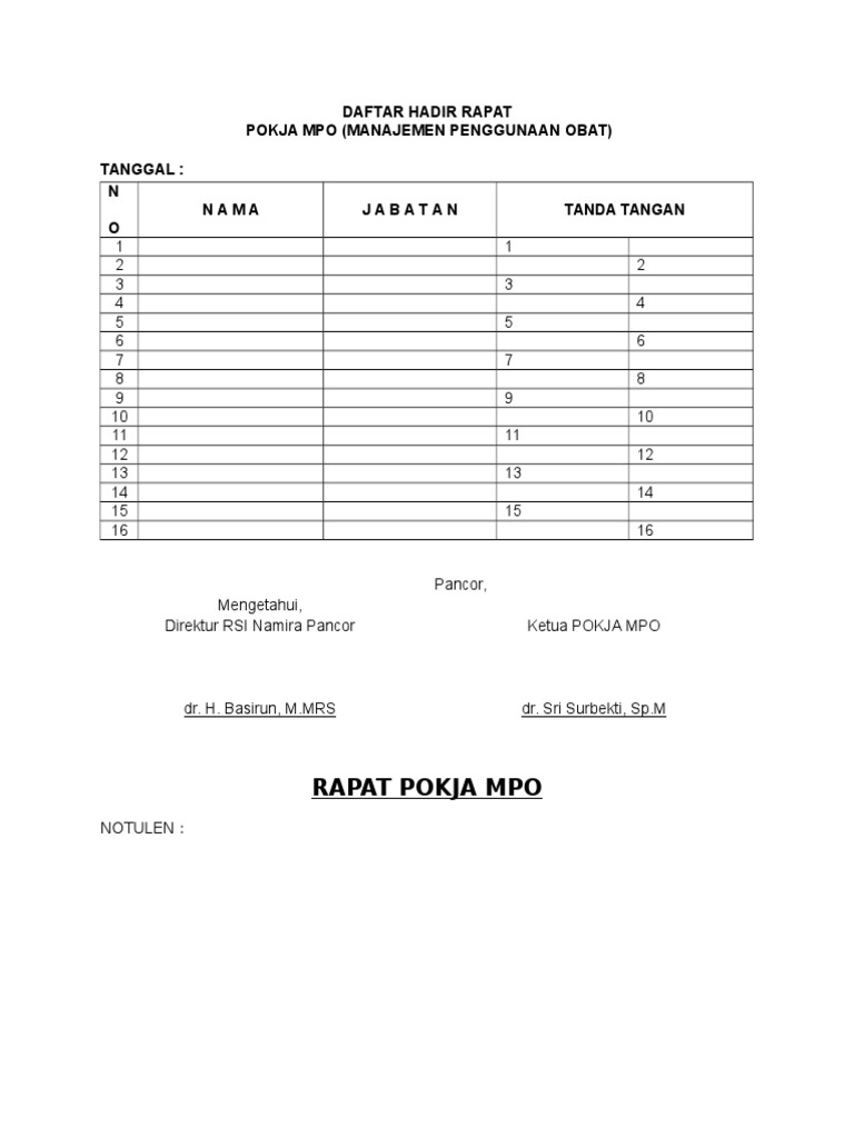 Daftar Hadir Rapat Komite Farmasi Dan Terapi | PDF