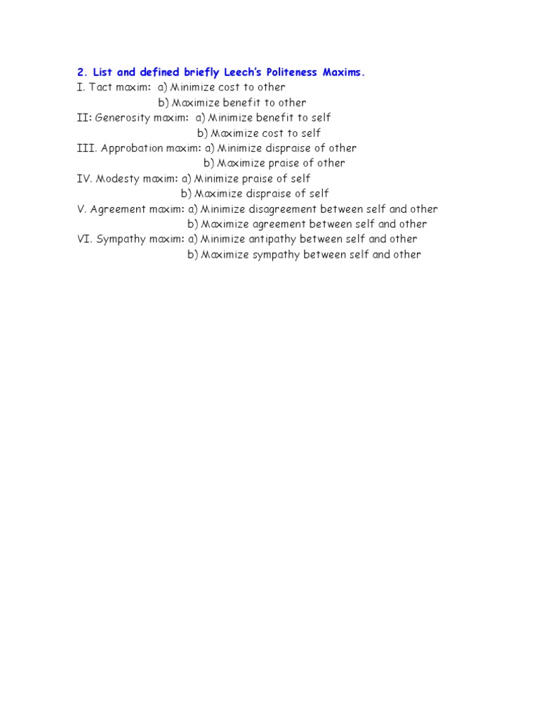 List and Defined Briefly Leech's Politeness Maxims | PDF | Law