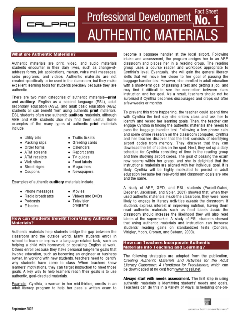 Authentic Materials Final | PDF | Adult Education | English As A Second ...