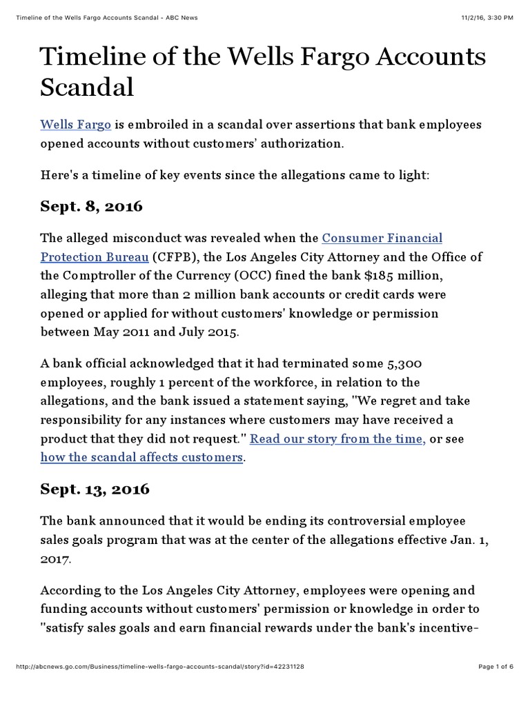 Timeline of the Wells Fargo Accounts Scandal - ABC News | Wells Fargo ...