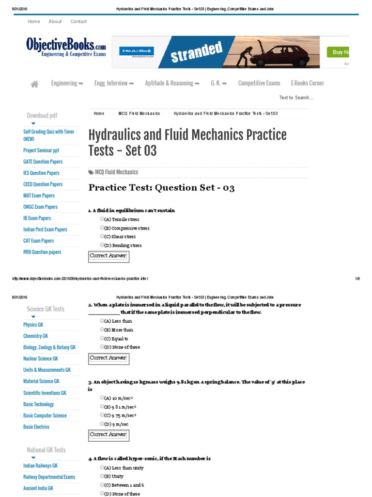Hydraulics and Fluid Mechanics Practice Tests - Set 03 - Engineering ...