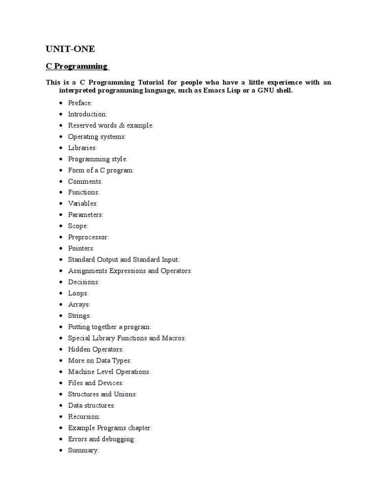 C Programming Notes Unit 1 C Programming Language Programming Language