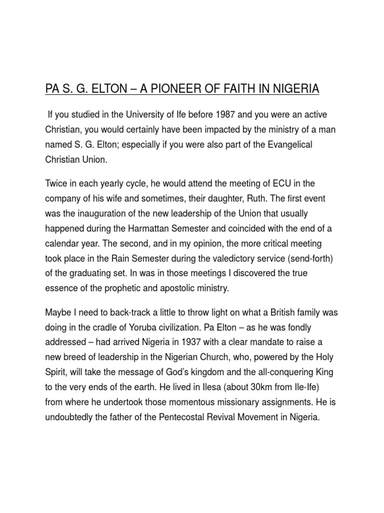 Pa S. G. Elton - A Pioneer of Faith in Nigeria | PDF | Pentecostalism ...