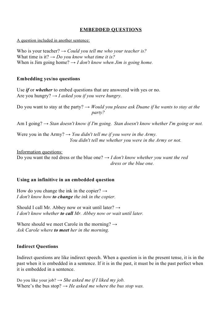 Embedded Questions: A Question Included in Another Sentence | PDF | Question | Syntax