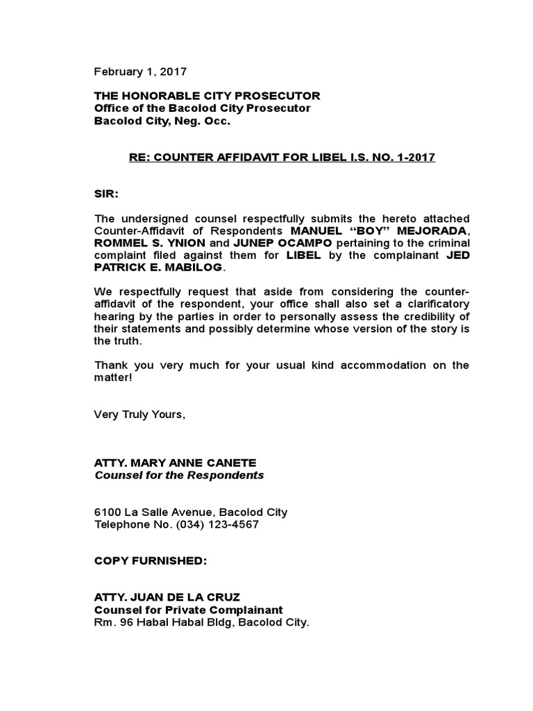 Counter Affidavit LIBEL | PDF | Defamation | Affidavit