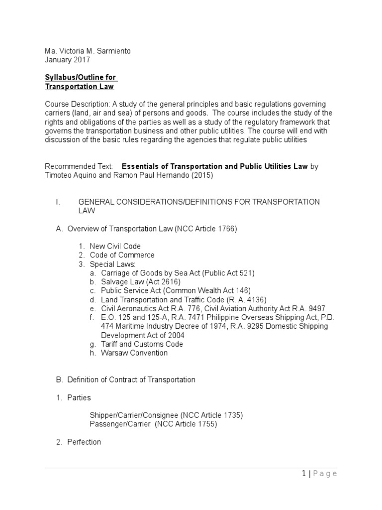2017 Syllabus Feu Transportation Law Outline | PDF | Law | Science ...
