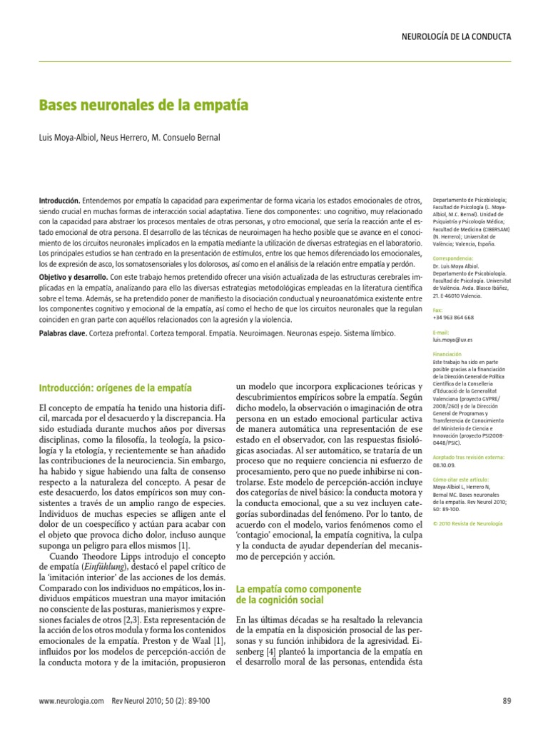 Bases Neurales de La Empatía PDF | PDF | Las emociones | Dolor