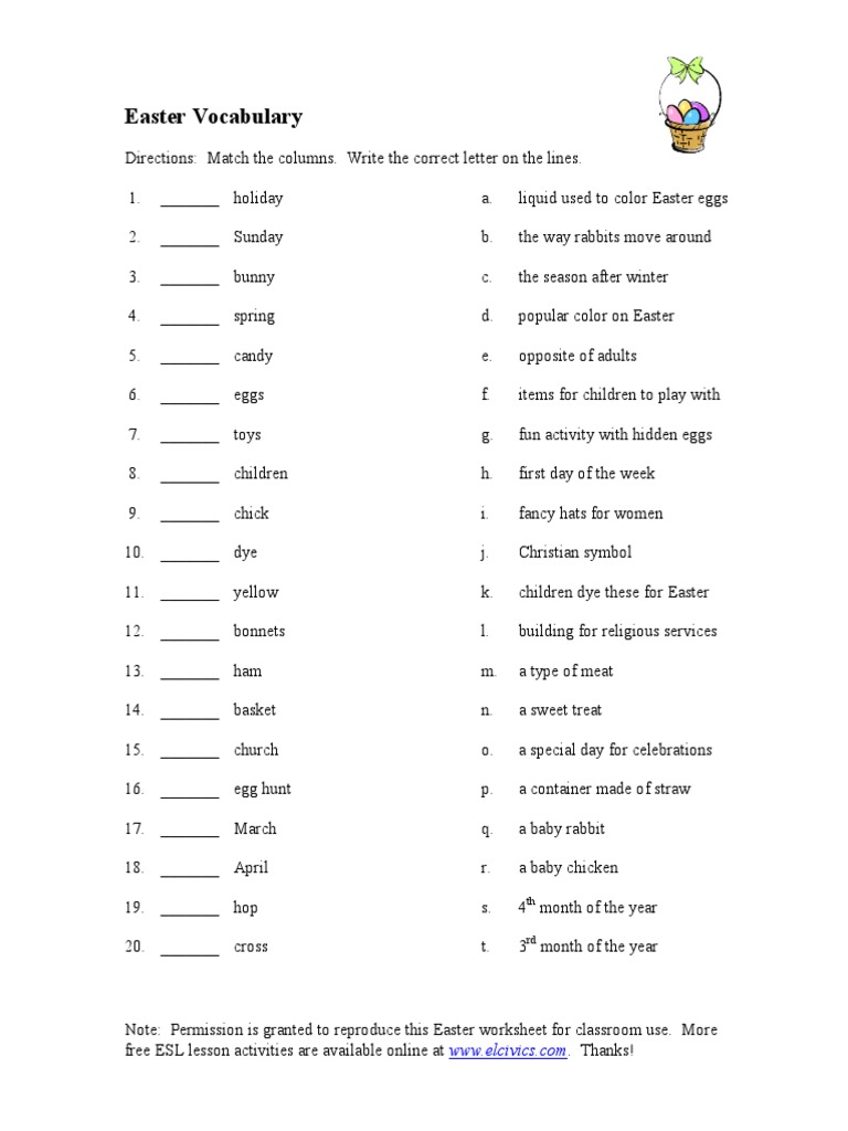 Easter Vocabulary Worksheet PDF | PDF