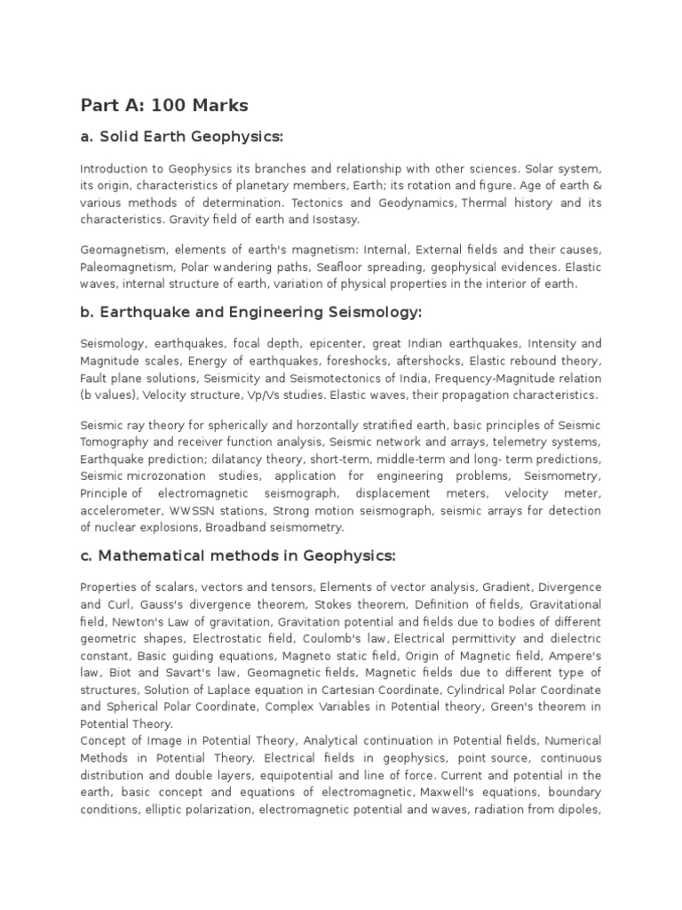 Part A: 100 Marks: A. Solid Earth Geophysics | PDF