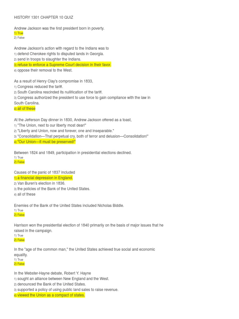 History 1301 Chapter 10 Quiz | PDF | Andrew Jackson | Whig Party ...