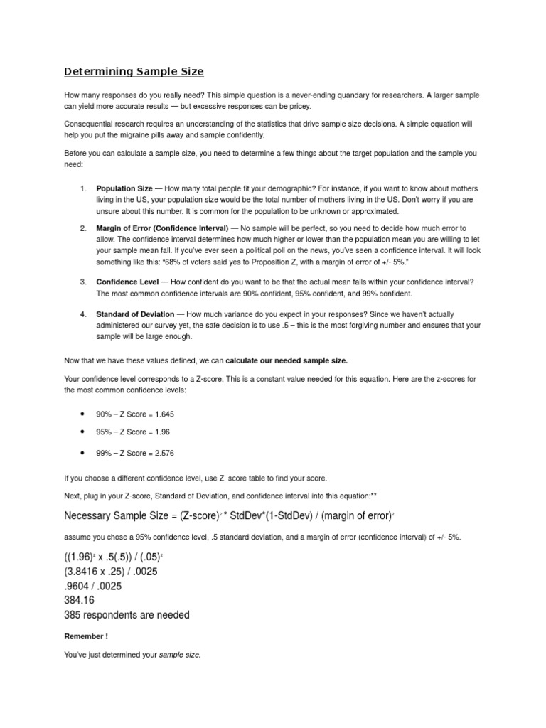 Determining Sample Size Pdf Margin Of Error Confidence Interval